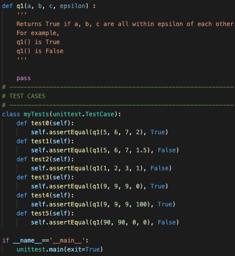 Solved def qi(a, b, c, epsilon) : Returns True if a, b, c | Chegg.com
