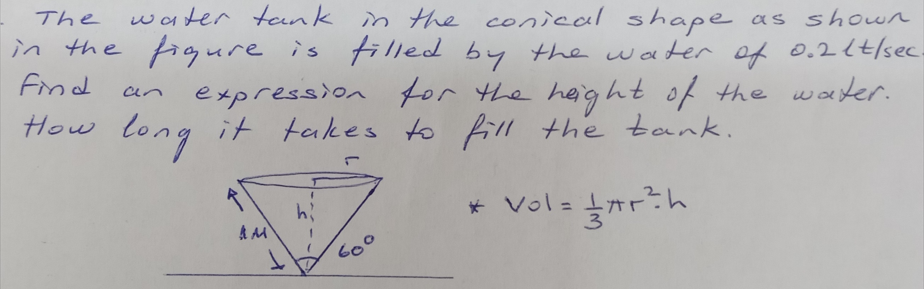 Solved The water tank in the conical shape as shown in the | Chegg.com
