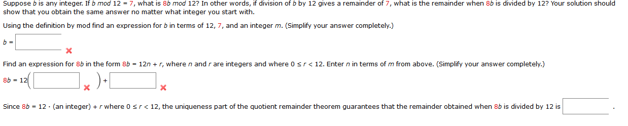 Solved Suppose bis any integer. If b mod 12 = 7, what is 8b | Chegg.com
