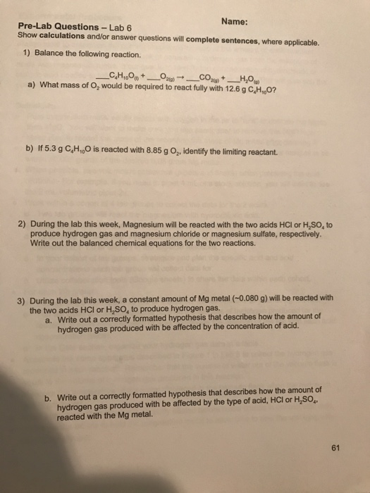 Solved Name: Pre-Lab Questions-Lab 6 Show calculations | Chegg.com