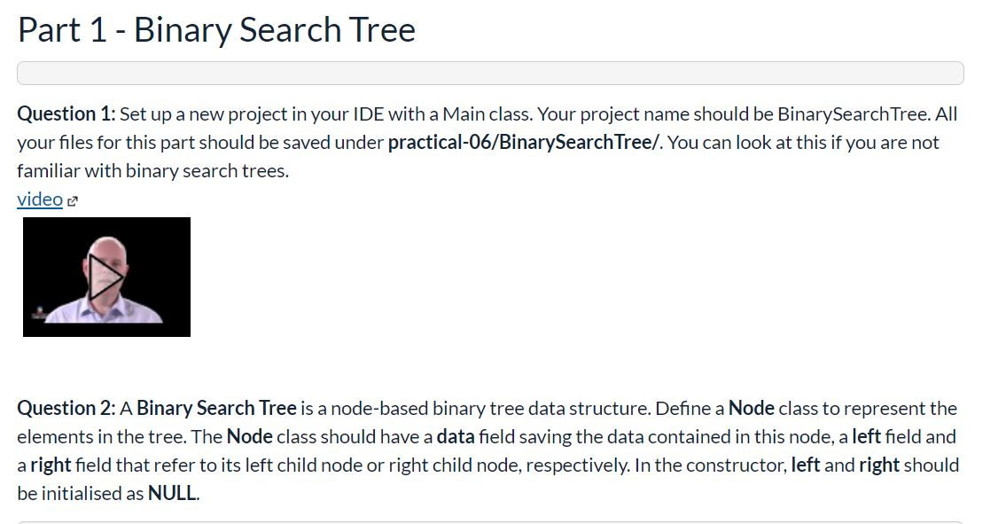 Part 1 - Binary Search Tree Question 1: Set up a new | Chegg.com