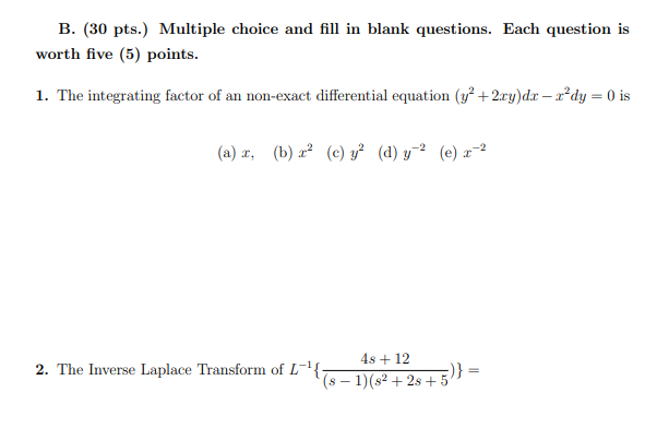 Solved B. (30 pts.) Multiple choice and fill in blank | Chegg.com