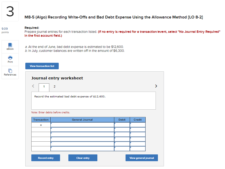 Solved M8-5 (Algo) Recording Write-Offs and Bad Debt Expense | Chegg.com
