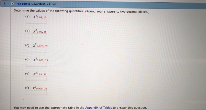 Solved 7. O-/9.1 points DevoreStat9 7 E.042 Determine the | Chegg.com