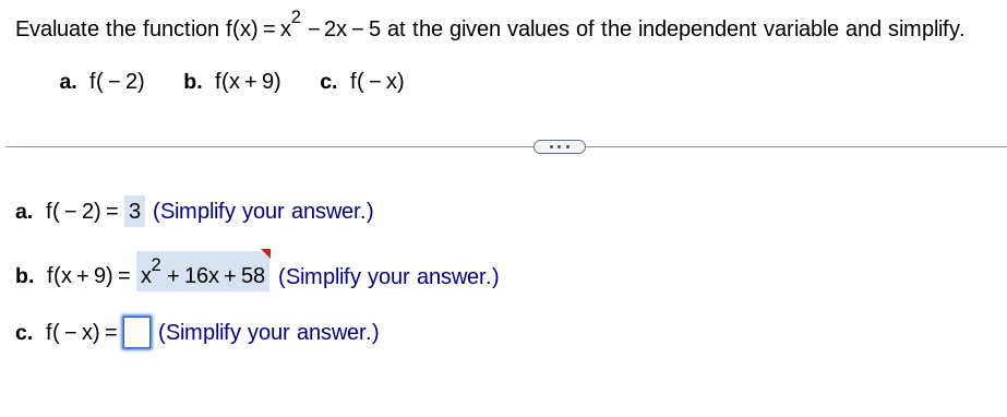 Solved Evaluate the function f(x)=x2−2x−5 at the given | Chegg.com