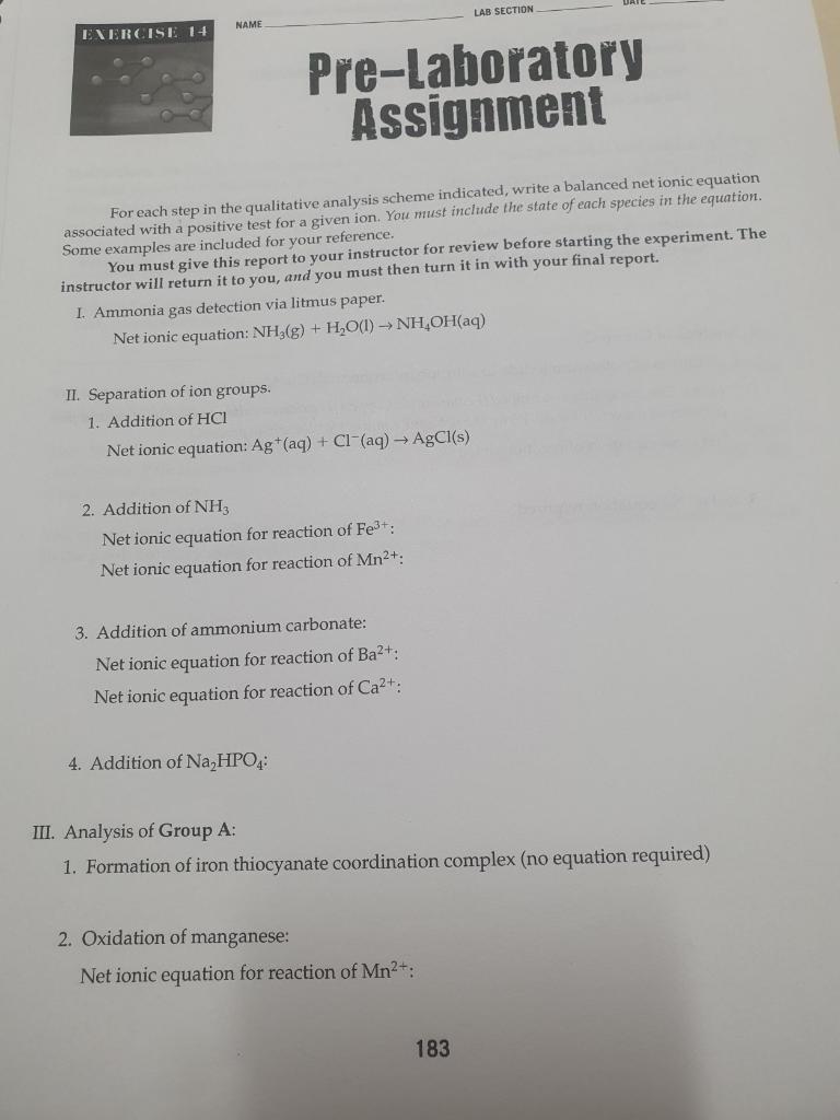 Solved LAB SECTION NAME EXERCISE 14 Pre-Laboratory | Chegg.com