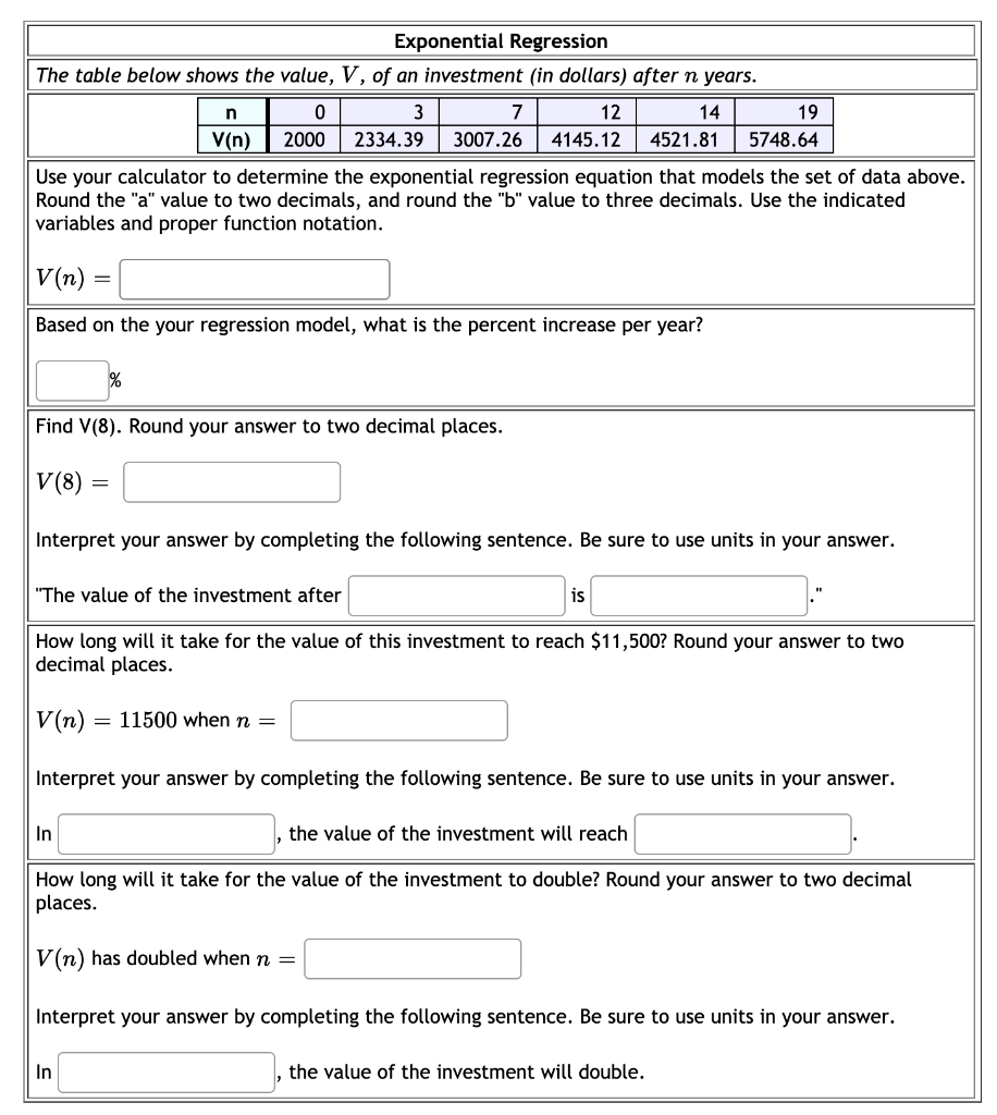 Solved Exponential Regression The table below shows the | Chegg.com