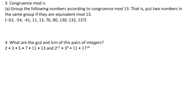 Solved 3. Congruence mod n. (a) Group the following numbers | Chegg.com