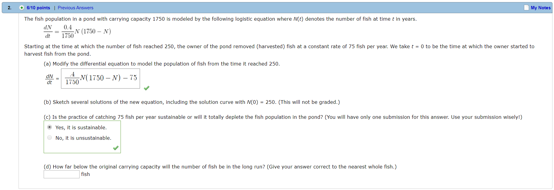 Solved 2. + 6/10 points | Previous Answers My Notes The fish | Chegg.com