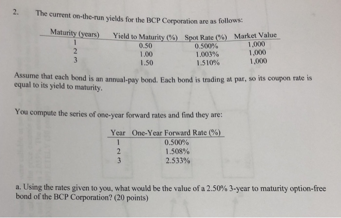 Solved 2. The current on-the-run yields for the BCP | Chegg.com