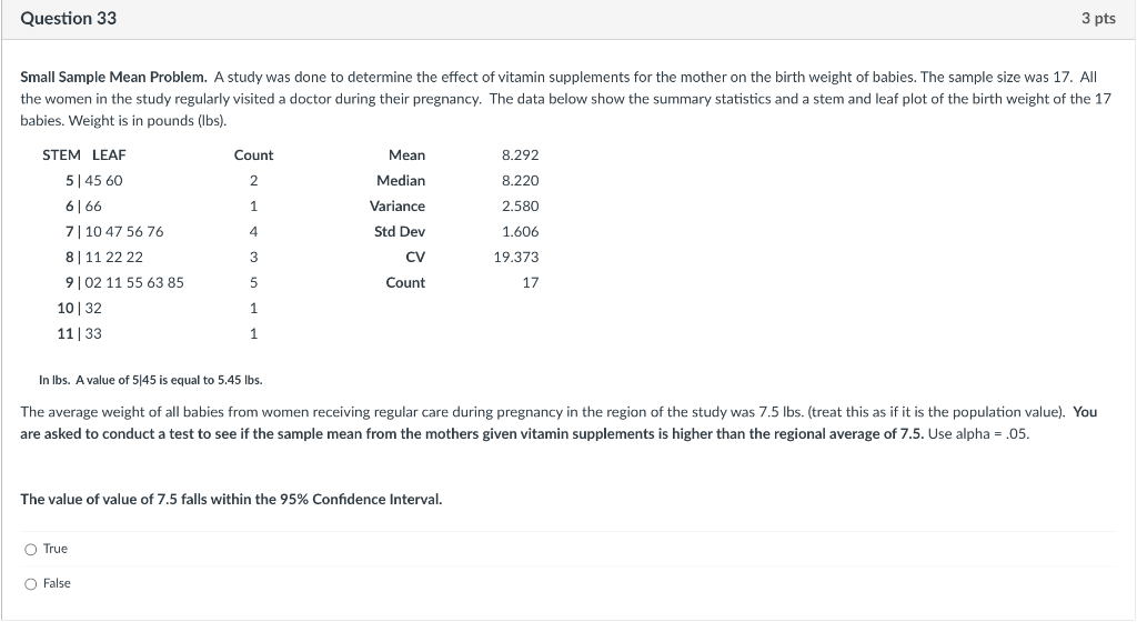 Solved Small Sample Mean Problem. A study was done to | Chegg.com