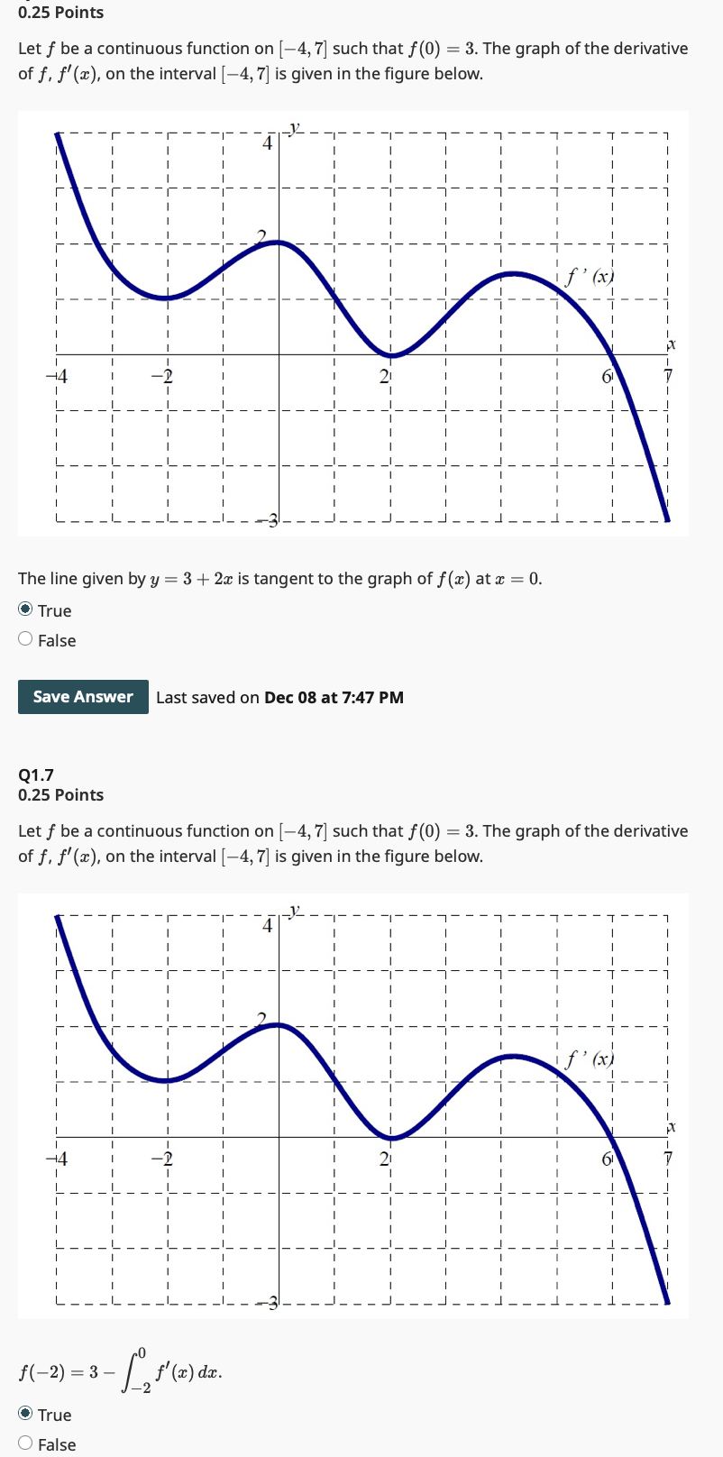 Solved 1.6 0.25 ﻿PointsLet f ﻿be a continuous function on | Chegg.com