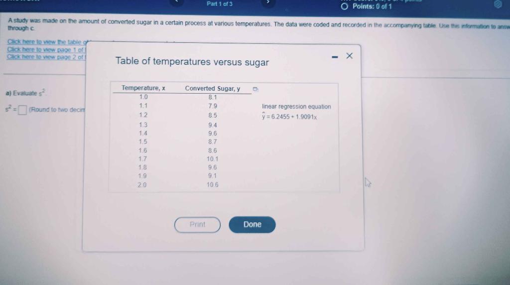 Solved Table of temperatures versus sugar linear regression | Chegg.com