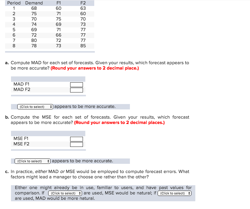 Solved Period Demand NMON 85 a. Compute MAD for each set of | Chegg.com