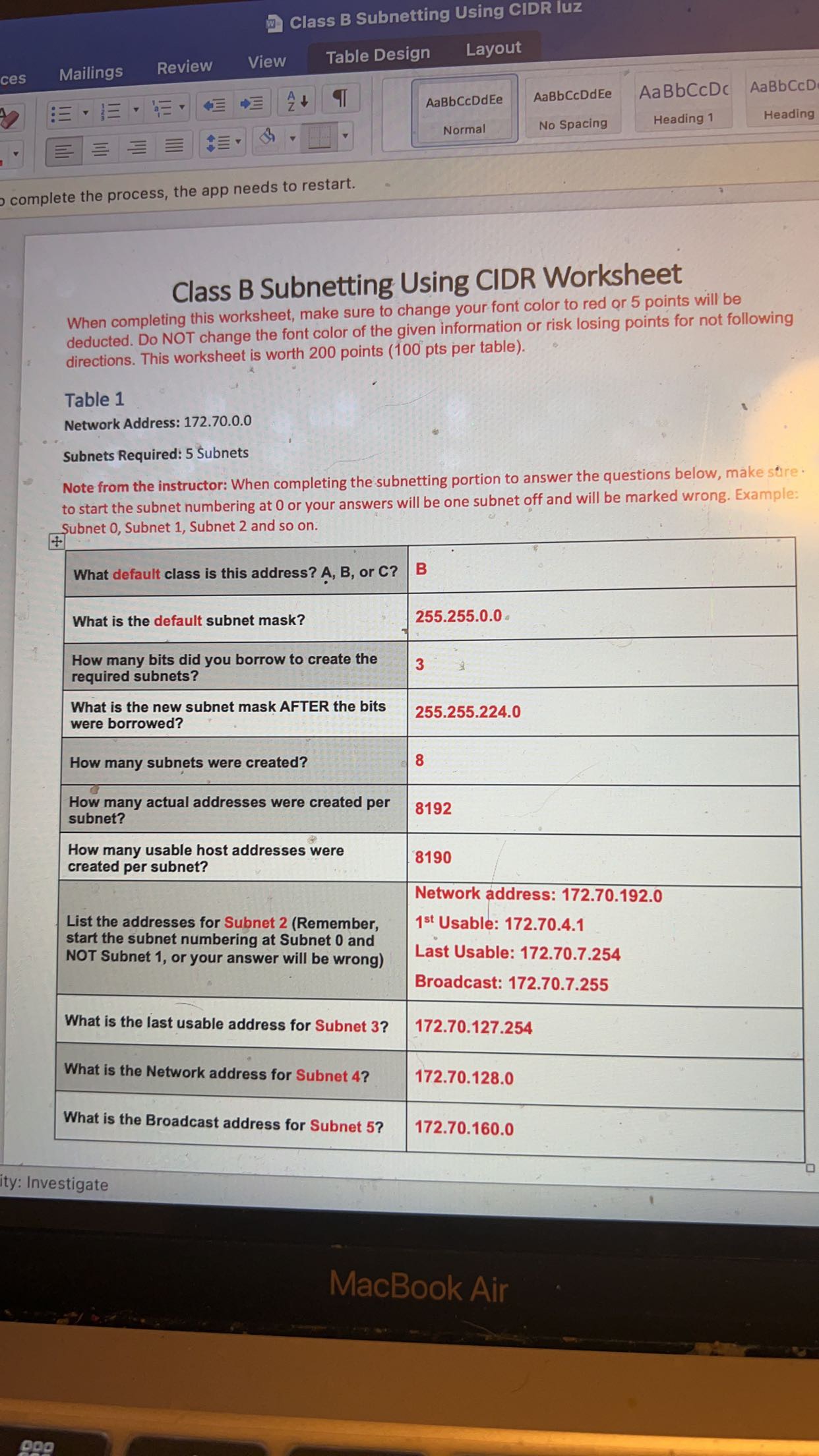 Solved Class B Subnetting Using Cidr Worksheet When