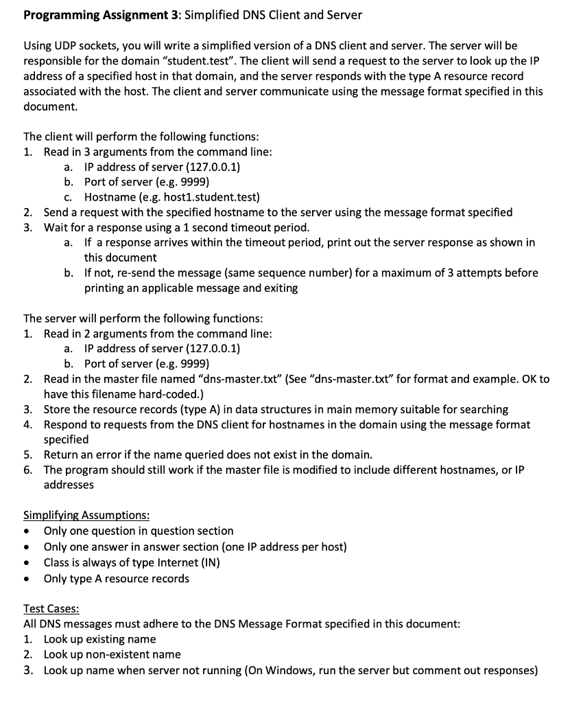 Programming Assignment 3: Simplified DNS Client and | Chegg.com