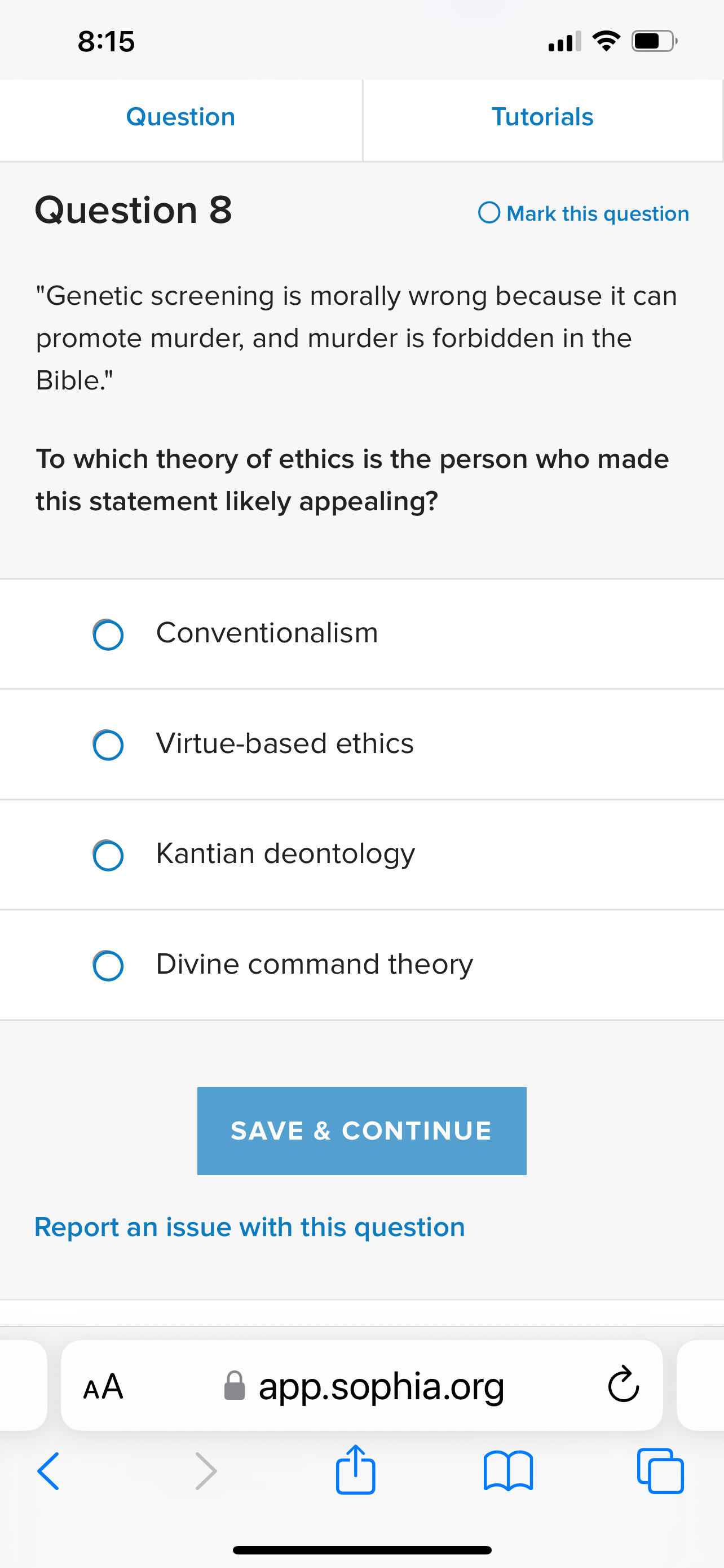 Solved Question 8"Genetic screening is morally wrong because | Chegg.com