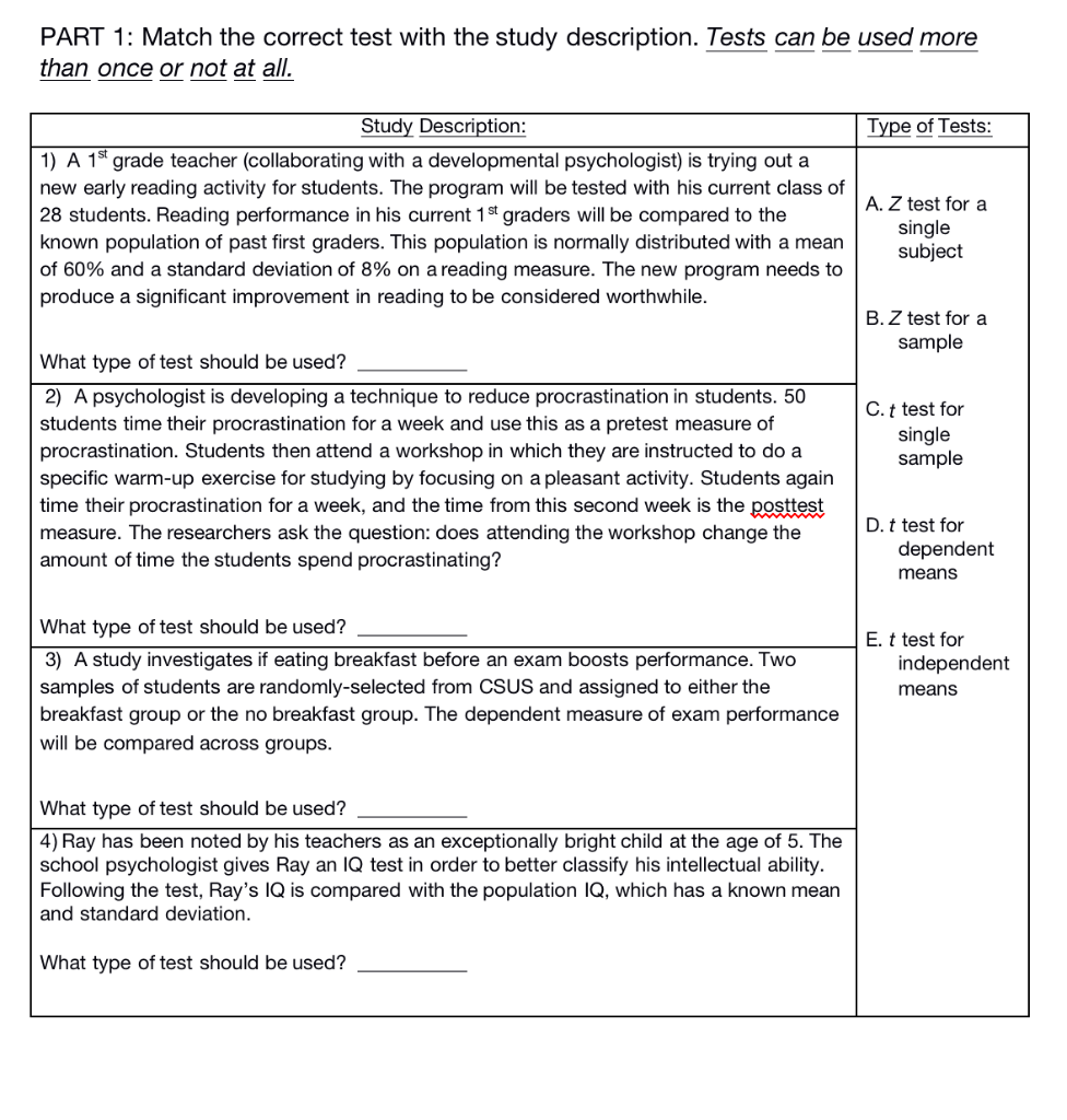 Solved PART 1: Match the correct test with the study | Chegg.com