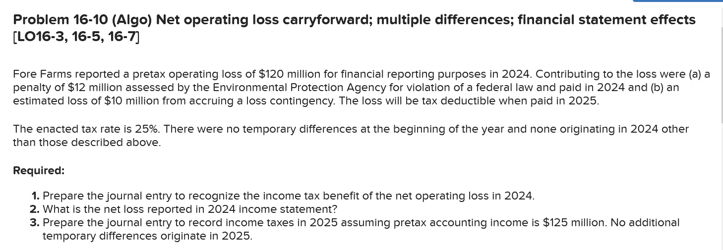 Solved Problem 16-10 (Algo) ﻿Net operating loss | Chegg.com