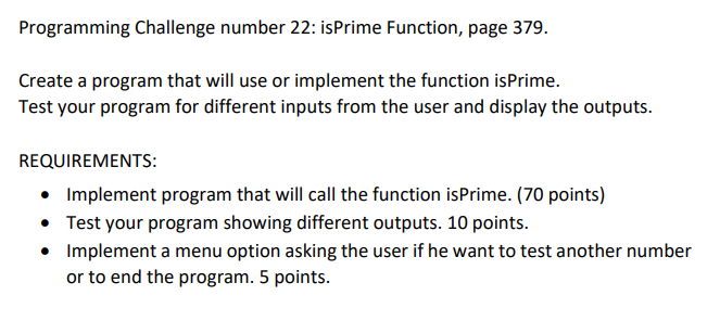 Solved Programming Challenge number 22: isPrime Function, | Chegg.com