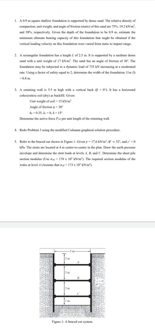 Solved 1. A 0.9 m square shallow foundation is supported by | Chegg.com