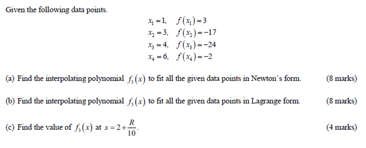 Solved Given the following data points. | Chegg.com