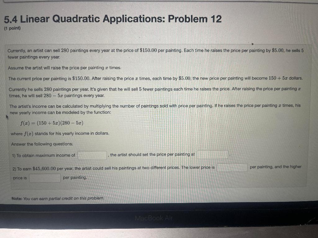 Solved 5.4 Linear Quadratic Applications: Problem 12 (1 | Chegg.com