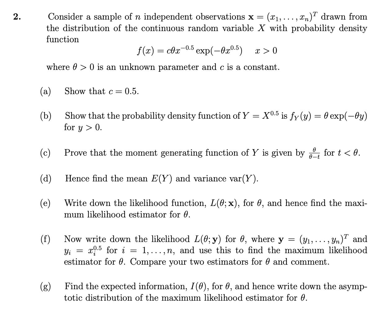 Solved 2. Consider a sample of n independent observations x | Chegg.com
