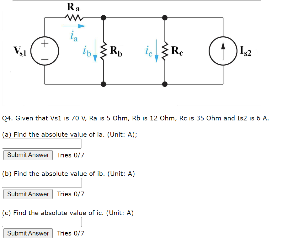 Solved Q4. ﻿Given that Vs1 ﻿is 70V,Ra ﻿is 5Ohm,Rb ﻿is | Chegg.com