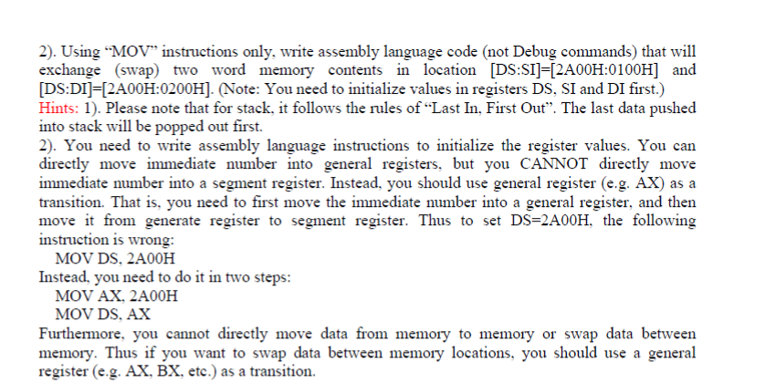 2). Using "MOV" instructions only, write assembly | Chegg.com