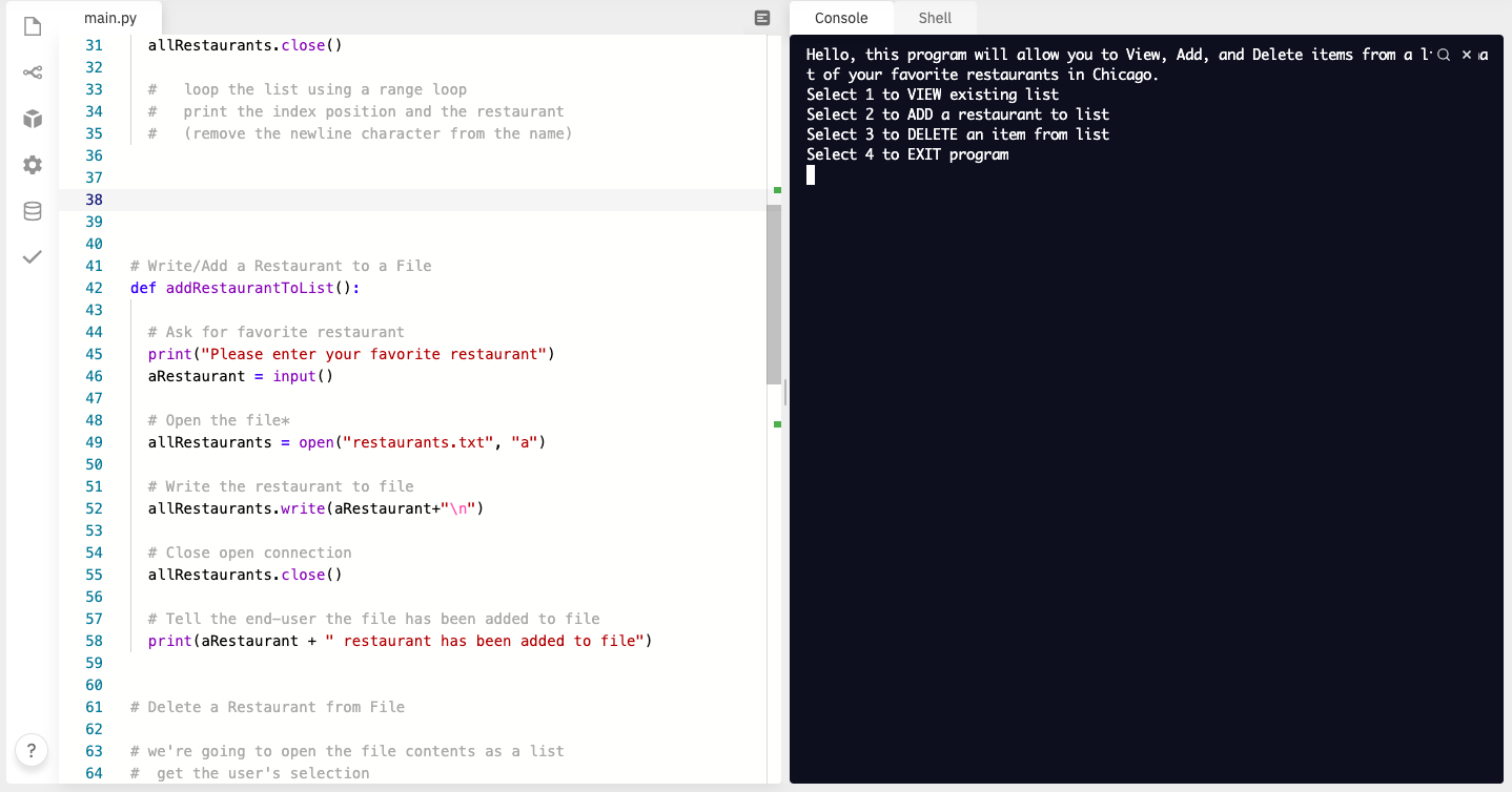 Solved main.py Console Shell allRestaurants.close() 8 # # | Chegg.com