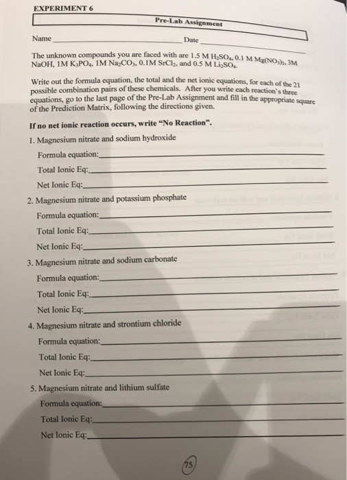 Solved EXPERIMENT 6 Pre-Lab Assignment Name Date The unknown | Chegg.com