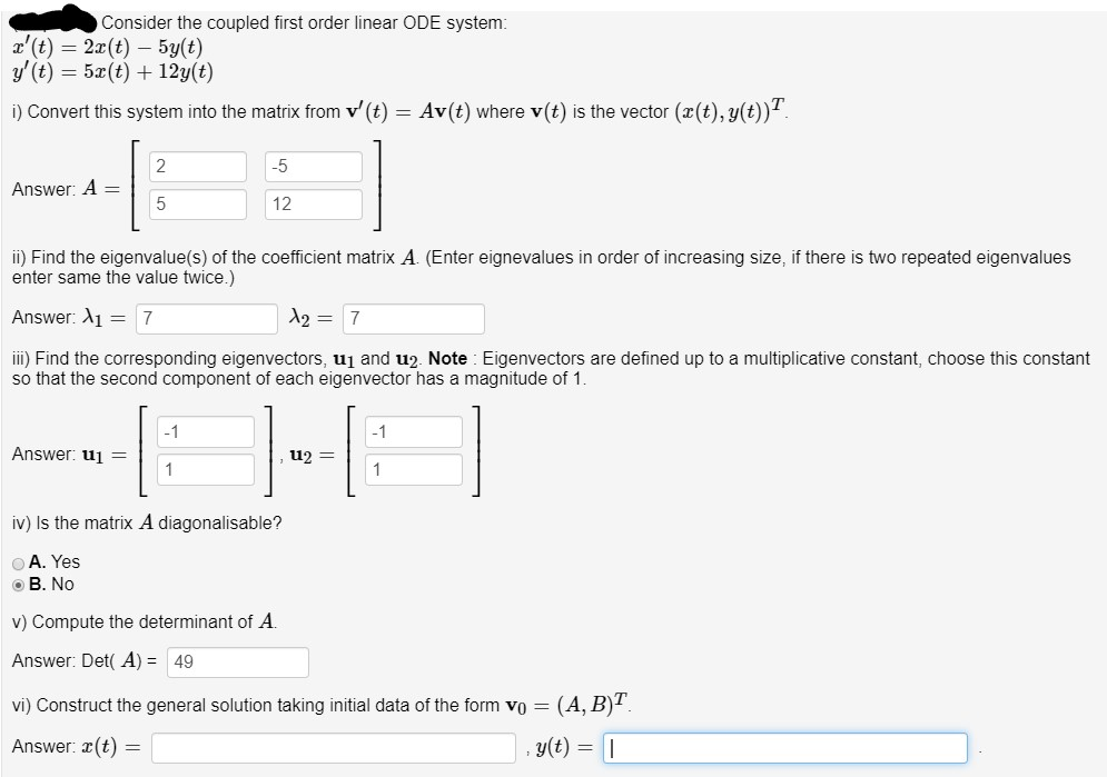 Solved Consider the coupled first order linear ODE system: | Chegg.com