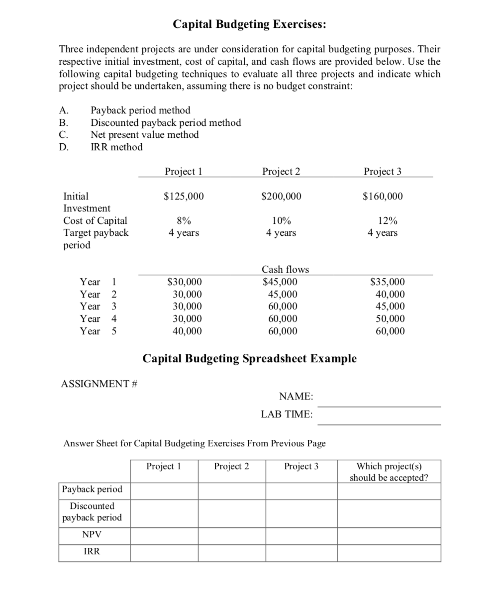 Solved Capital Budgeting Exercises: Three independent | Chegg.com