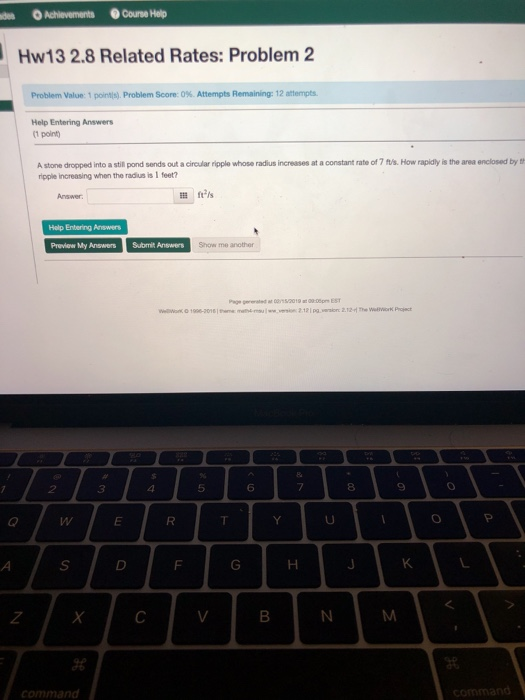 Solved d Achievements Course Help Hw13 2.8 Related Rates: | Chegg.com Solved d Achievements Course Help Hw13 2.8 Related Rates: | Chegg.com