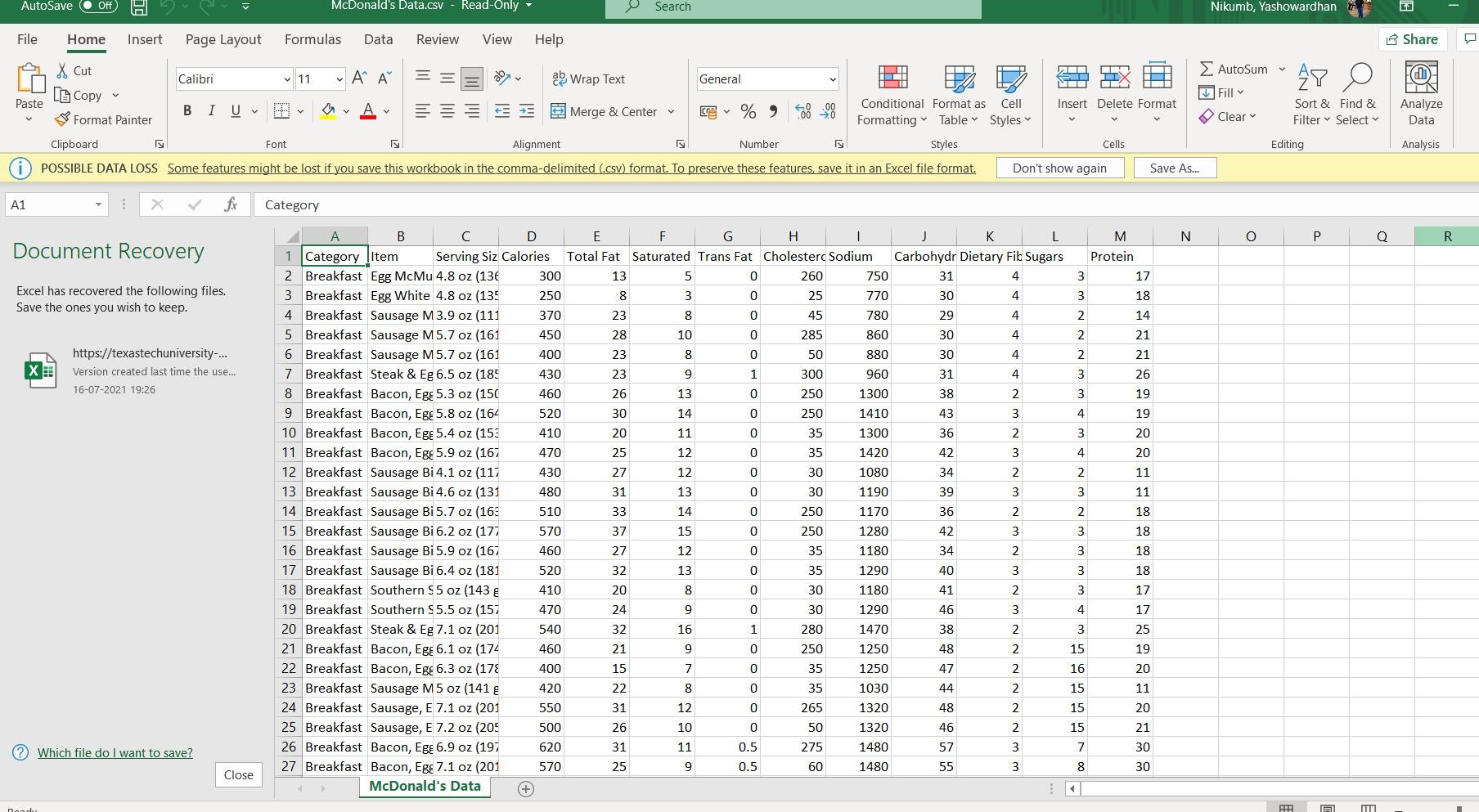 The "McDonald's Data.csv" dataset is provided to you: | Chegg.com