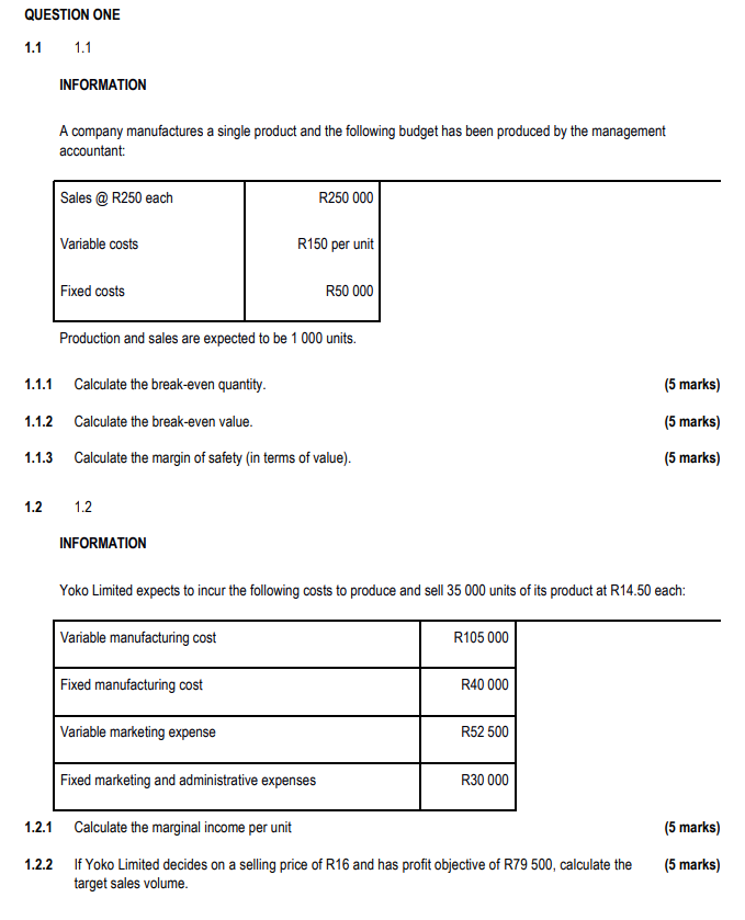 Solved QUESTION ONE 1.11.1 INFORMATION A company | Chegg.com