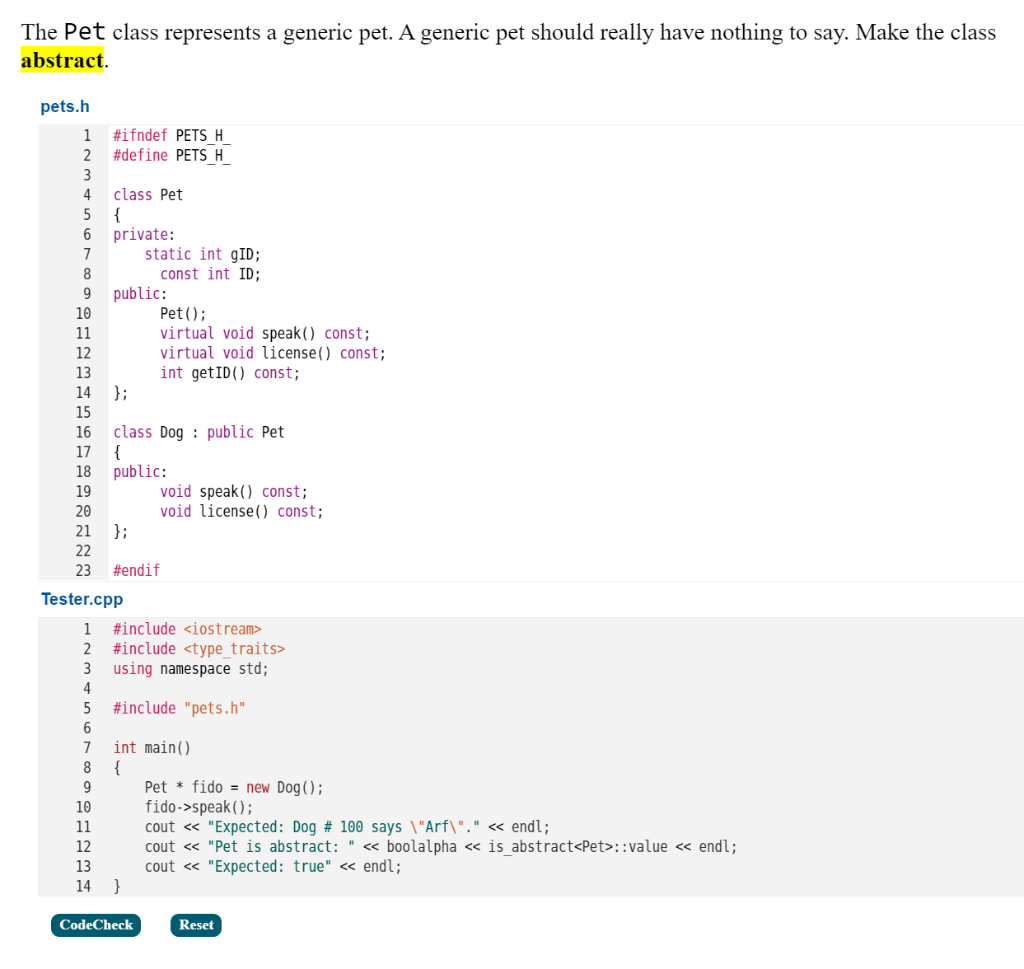 Solved The Pet class represents a generic pet. A generic pet | Chegg.com