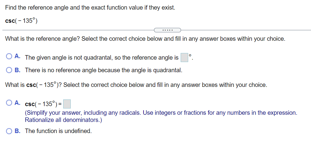 Solved Find the reference angle and the exact function value | Chegg.com