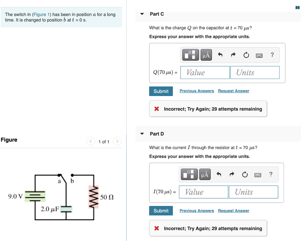 Solved 1 Part C The switch in (Figure 1) has been in | Chegg.com
