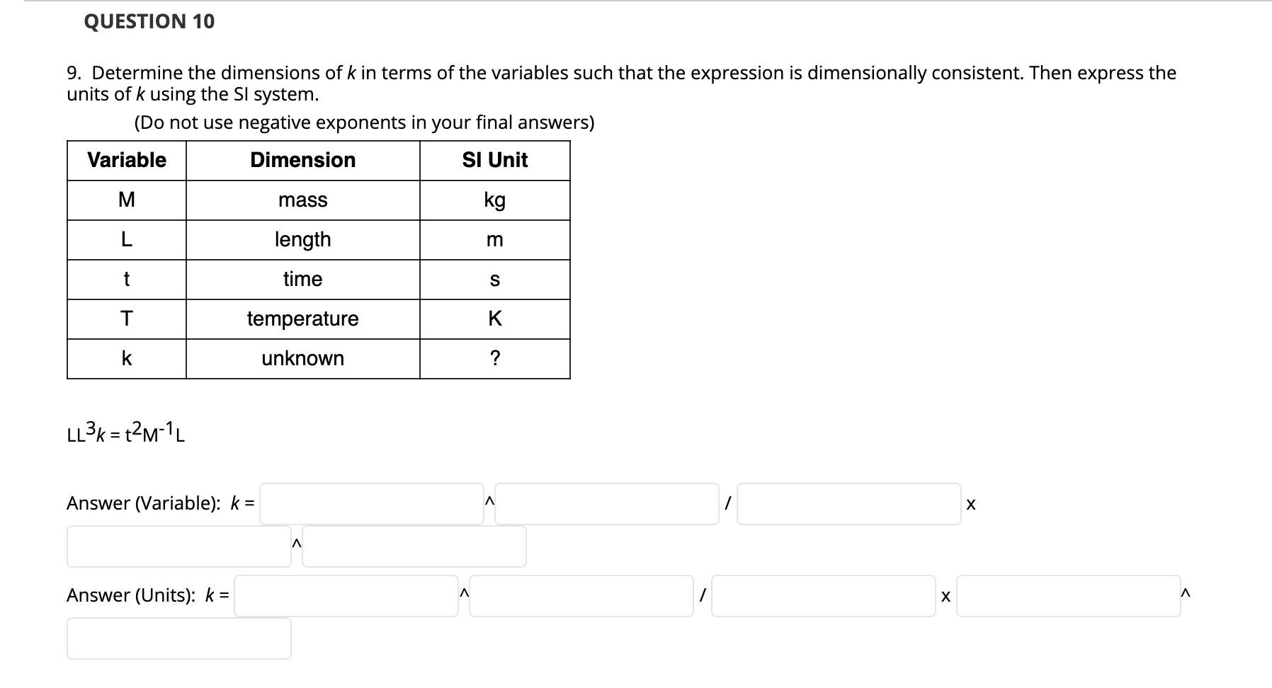 Solved QUESTION 10 9. Determine the dimensions of k in terms | Chegg.com
