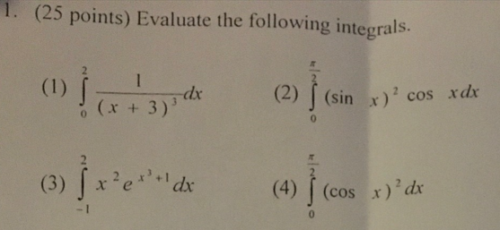 Solved (25 points) Evaluate the following integrals. (1) | Chegg.com