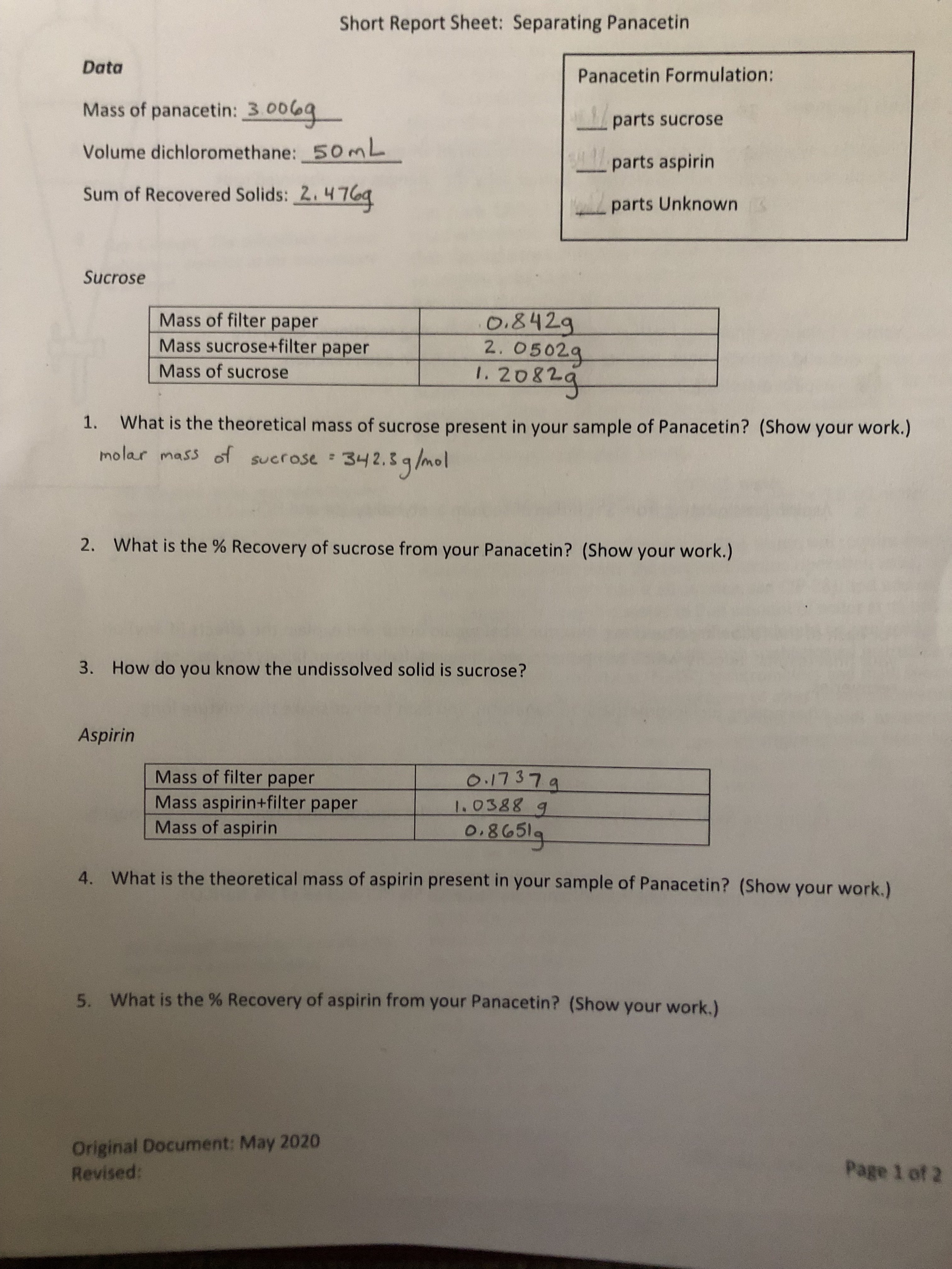 Solved Short Report Sheet: Separating Panacetin Data Mass of | Chegg.com