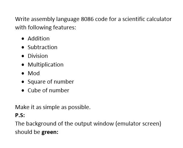 Solved Write assembly language 8086 code for a scientific | Chegg.com