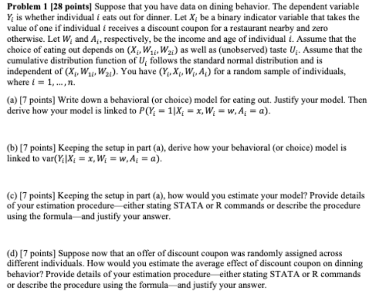 Problem 1 [28 points Suppose that you have data on | Chegg.com