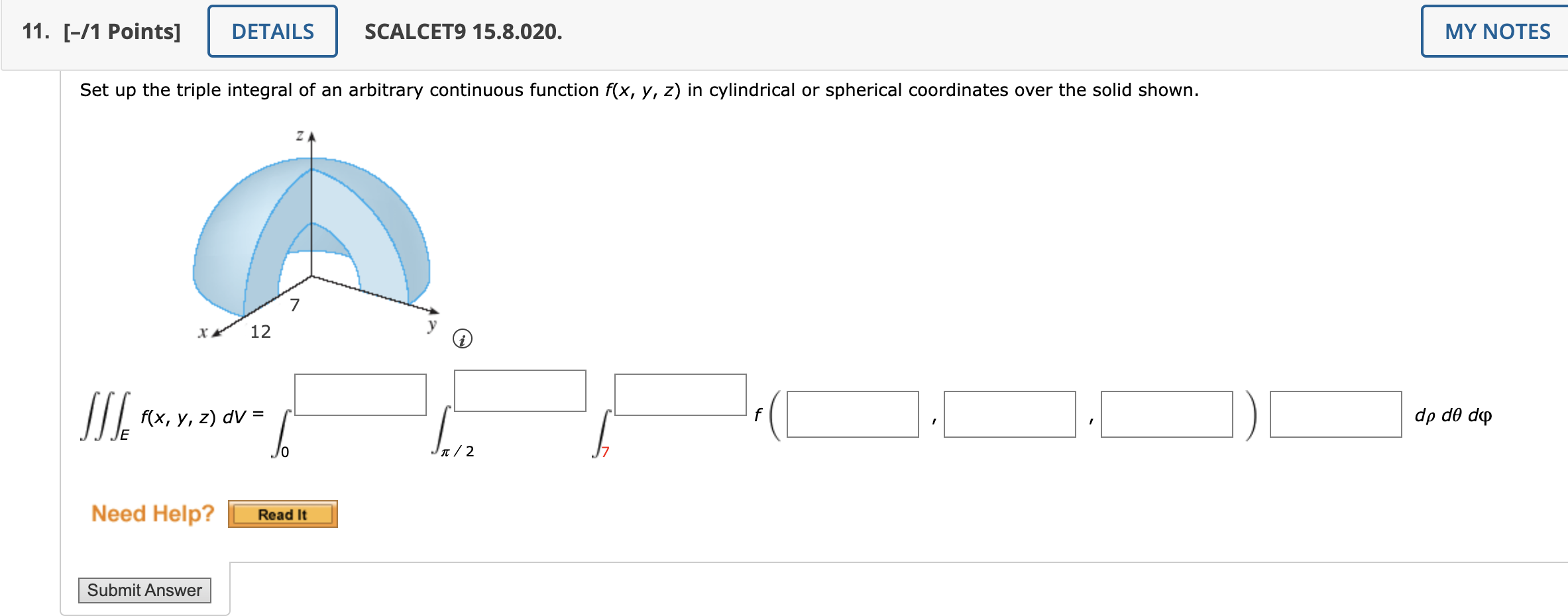 Solved Set up the triple integral of an arbitrary continuous | Chegg.com
