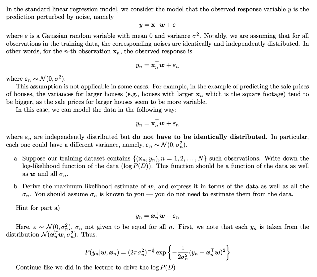 In the standard linear regression model, we consider | Chegg.com