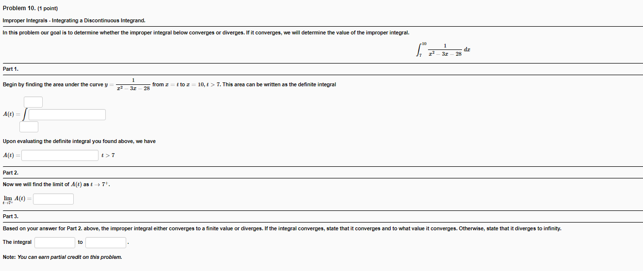Solved Problem 10. (1 point) Improper Integrals - | Chegg.com