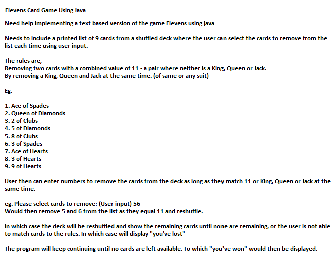 Solved Elevens Card Game Using Java Need help implementing a | Chegg.com