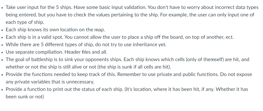 Solved - Take user input for the 5 ships. Have some basic | Chegg.com